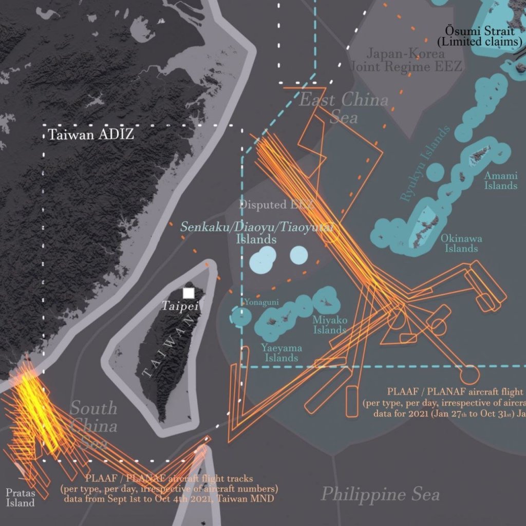 Map with PLA aviation routes from Jan 27 to Oct 31, 2021, with access ...