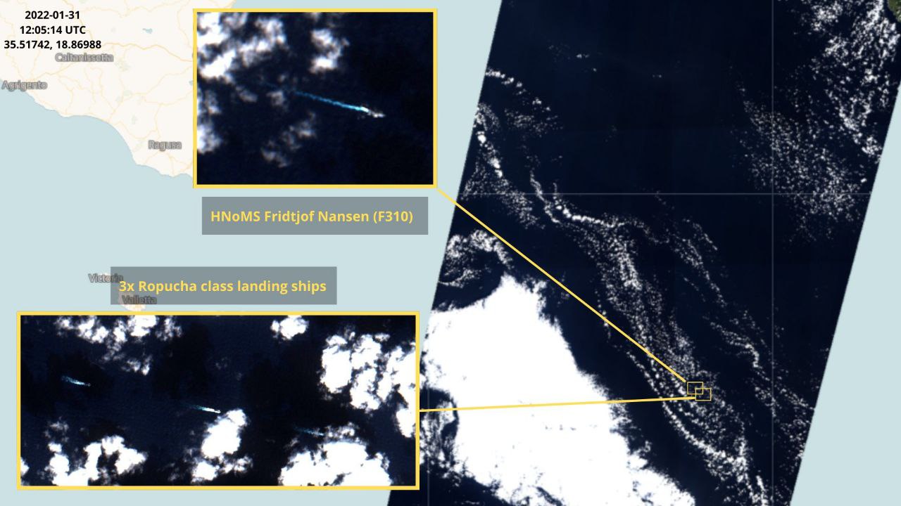 Satellite image of Sentinel-2. Three large landing ships of the Russian ...