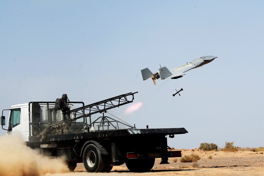 Launches of kamikaze drones during the ongoing exercises of the Iranian ...