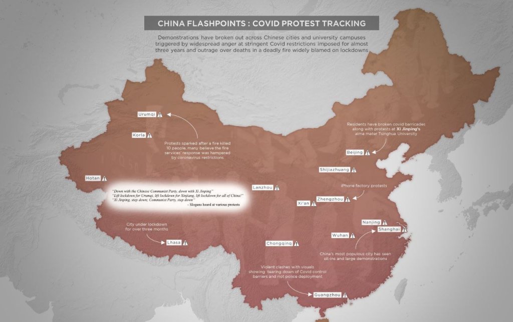 Map with protests in China against coronavirus restrictions. – The ...